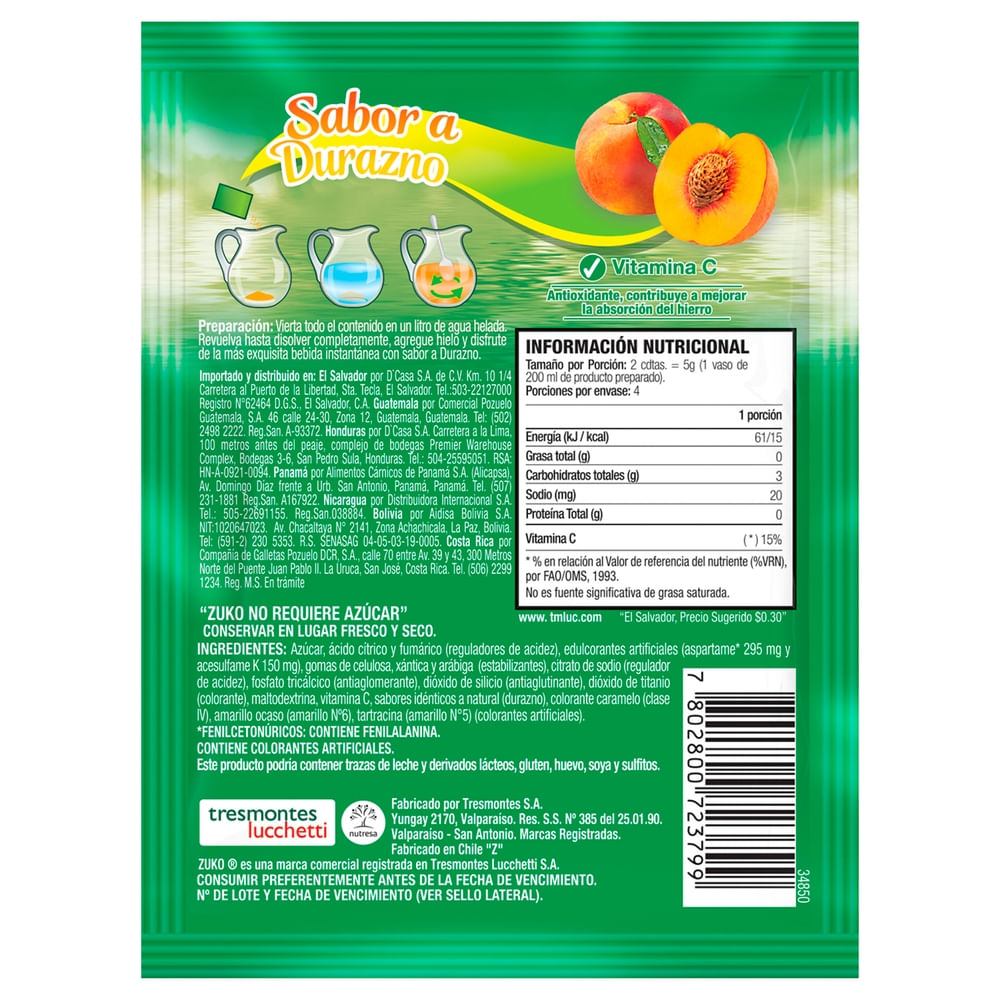 Comprar Bebida En Polvo Instantánea Marca Zuko Sabor Durazno, Con ...