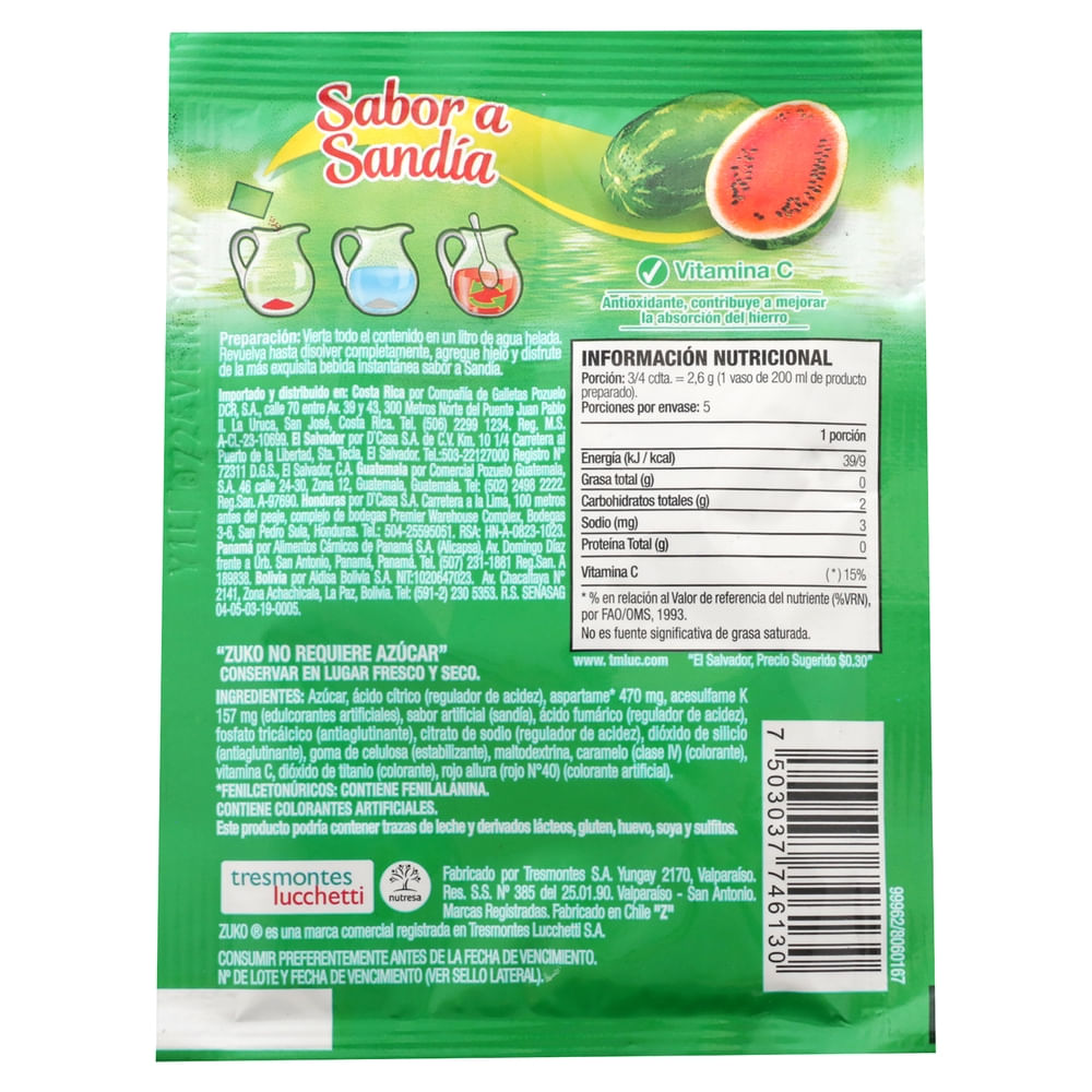 Comprar Bebida En Polvo Zuko Sabor Sandía - 13 g | Walmart El Salvador