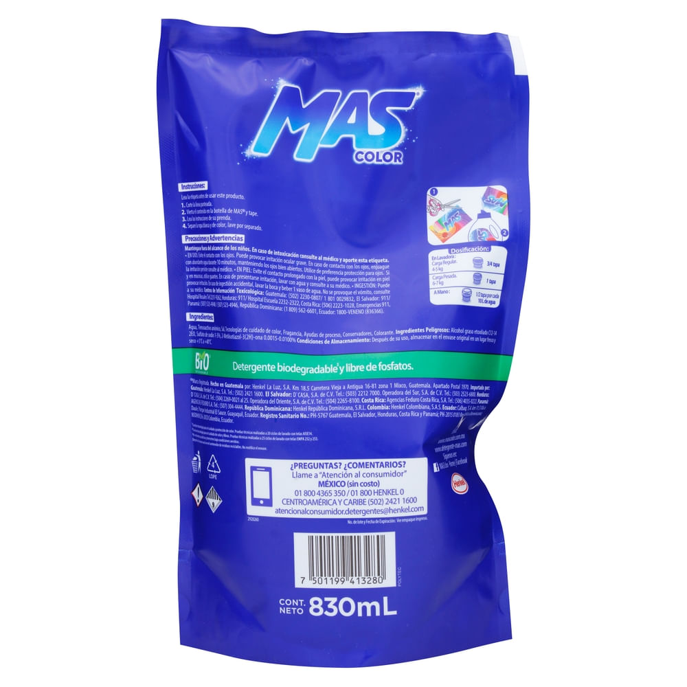 Comprar Detergente Líquido MAS Color - 830 ml | Walmart Salvador