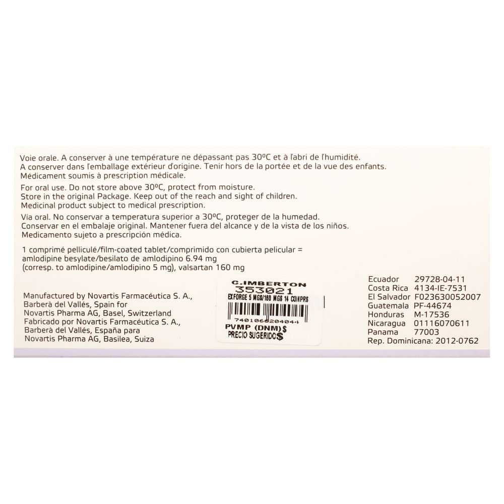 Comprar Exforge Novartis 5/160 mg - 14 Comprimidos | Walmart El Salvador