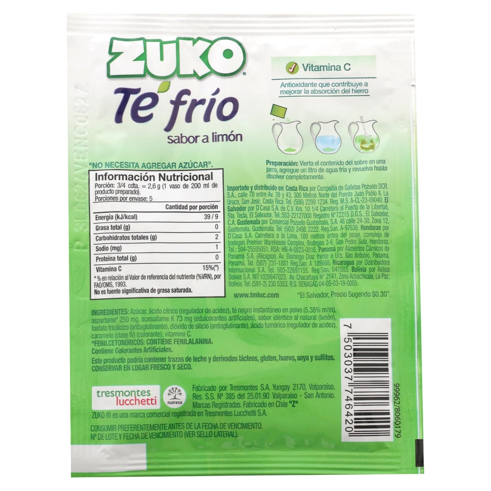 Comprar Bebida en polvo Zuko Té Frio Limón - 13 g | Walmart El Salvador