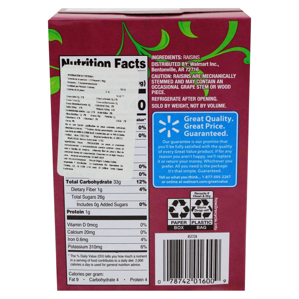 Comprar Pasas Great Value De Uva En Caja - 340 g | Walmart San Salvador